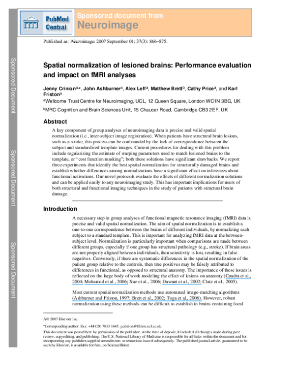 Pdf Spatial Normalization Of Lesioned Brains Performance Evaluation