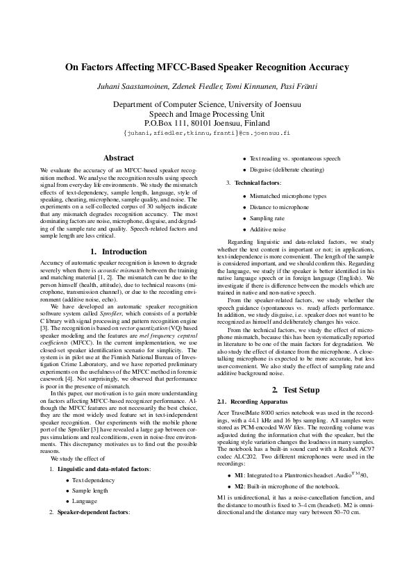 Pdf On Factors Affecting Mfcc Based Speaker Recognition Accuracy