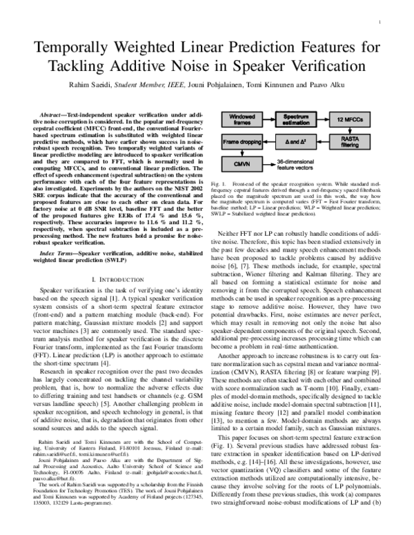 Pdf Temporally Weighted Linear Prediction Features For Tackling Additive Noise In Speaker