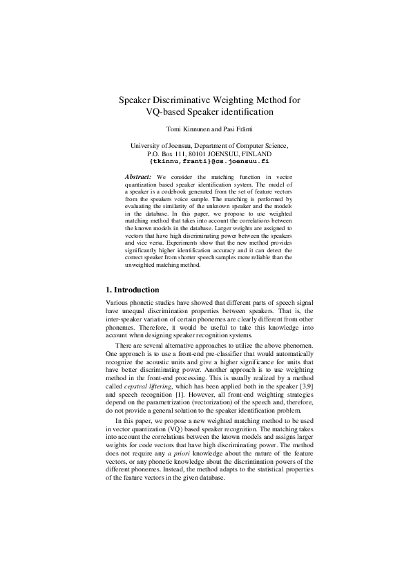 (PDF) Speaker Discriminative Weighting Method for VQ-Based Speaker Identification