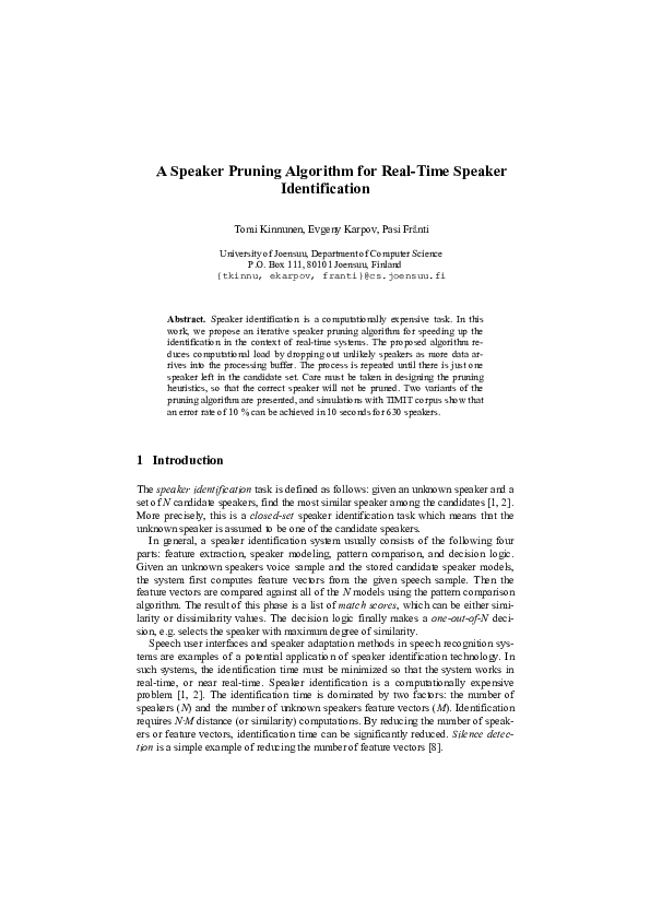 (PDF) A Speaker Pruning Algorithm for Real-Time Speaker Identification