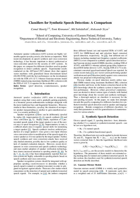 (PDF) Classifiers for Synthetic Speech Detection: A Comparison