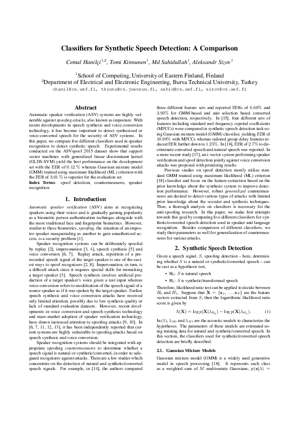 (PDF) A Comparison of Features for Synthetic Speech Detection