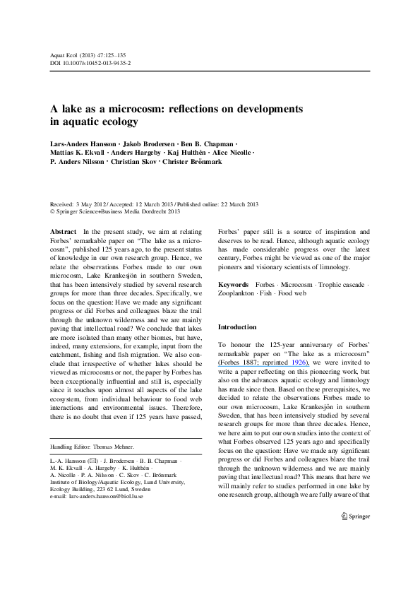 (PDF) A lake as a microcosm: reflections on developments in aquatic ecology
