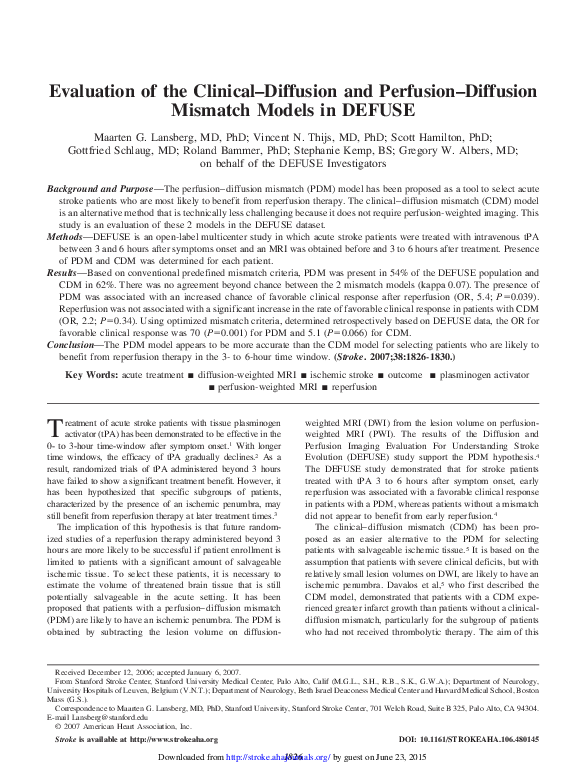 (PDF) Evaluation of the clinical-diffusion and perfusion-diffusion ...