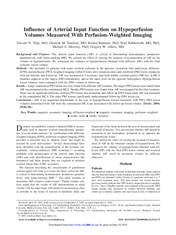 Pdf Influence Of Arterial Input Function On Hypoperfusion Volumes Measured With Perfusion