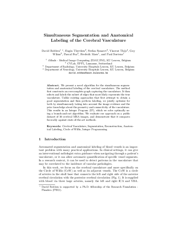 (PDF) Simultaneous segmentation and anatomical labeling of the cerebral vasculature