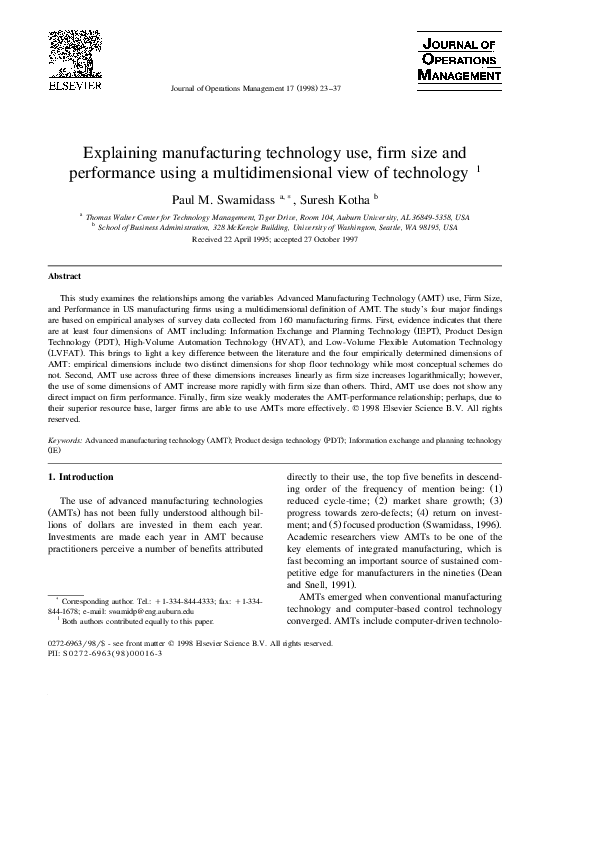 (PDF) Explaining manufacturing technology use, firm size and ...