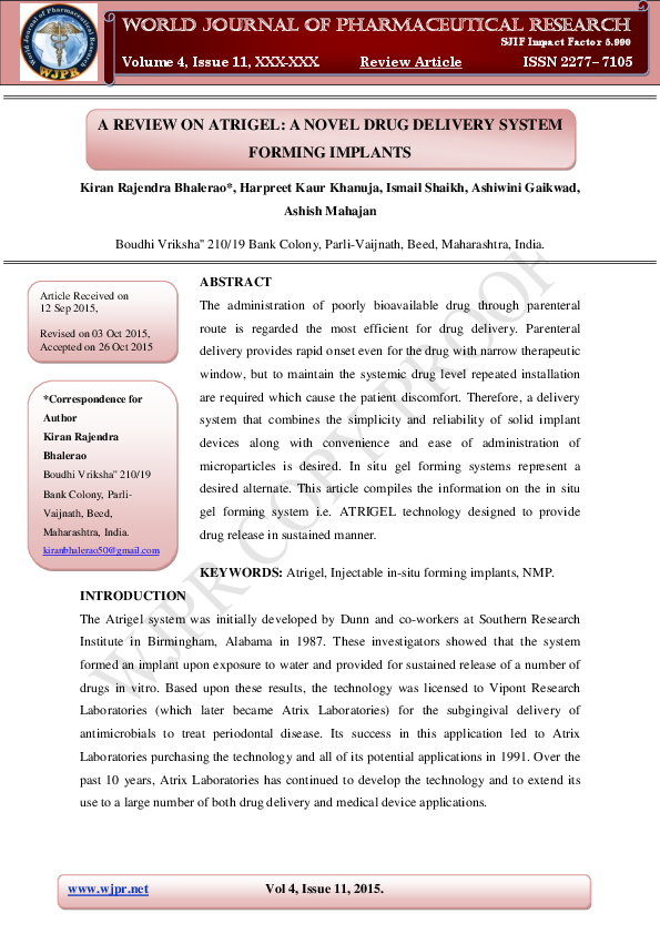 (PDF) A REVIEW ON ATRIGEL: A NOVEL DRUG DELIVERY SYSTEM FORMING IMPLANTS