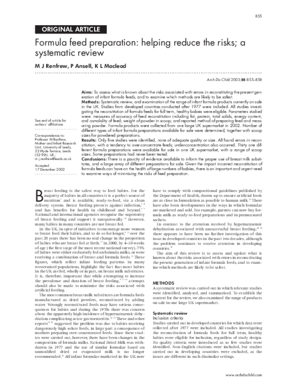 (PDF) Formula feed preparation: helping reduce the risks; a systematic ...