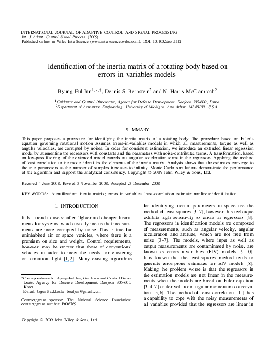 Pdf Identification Of The Inertia Matrix Of A Rotating Body Based On