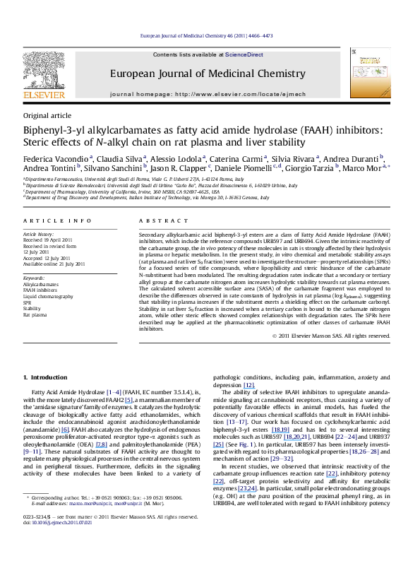 (PDF) Biphenyl-3-yl Alkylcarbamates as FAAH Inhibitors: Stability Insights
