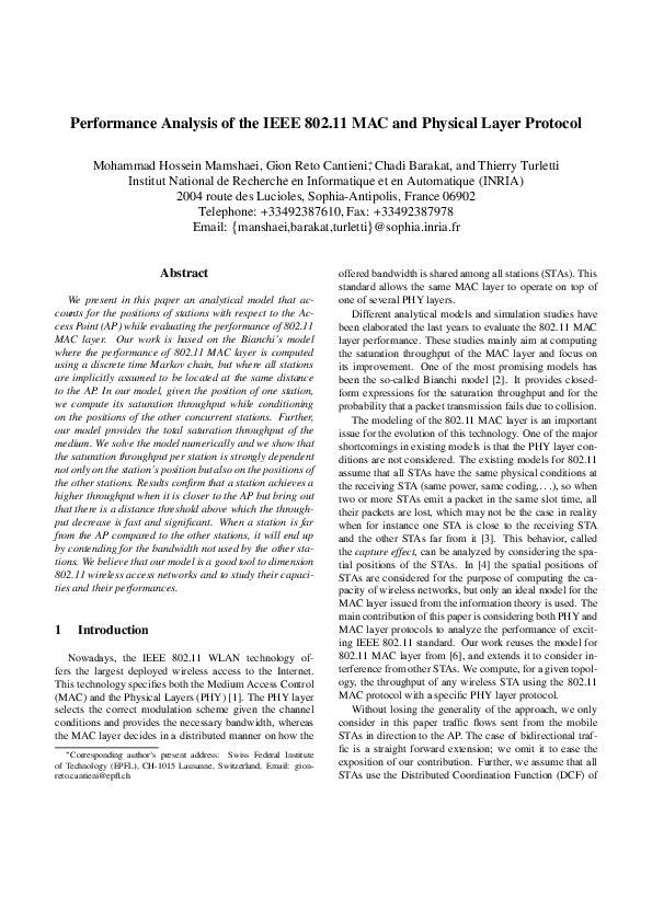 Pdf Performance Analysis Of The Ieee 80211 Mac And Physical Layer Protocol