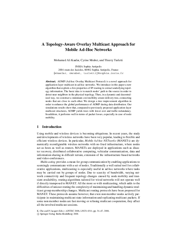 (PDF) A Topology-Aware Overlay Multicast Approach for Mobile Ad-Hoc Networks