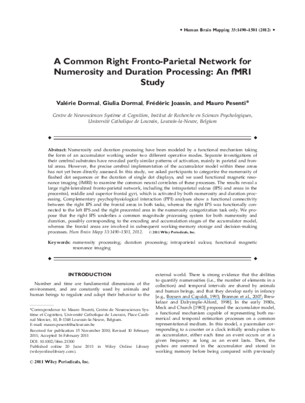 (PDF) A common right fronto-parietal network for numerosity and ...