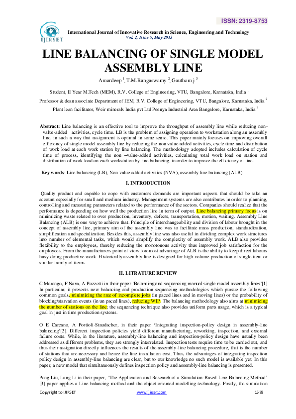 LINE BALANCING OF SINGLE MODEL ASSEMBLY LINE