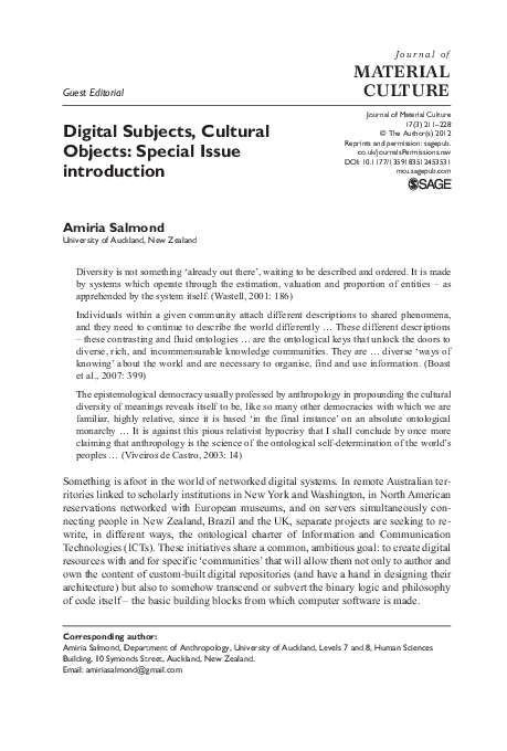 (PDF) 2012 Digital Subjects, Cultural Objects: Special Issue introduction