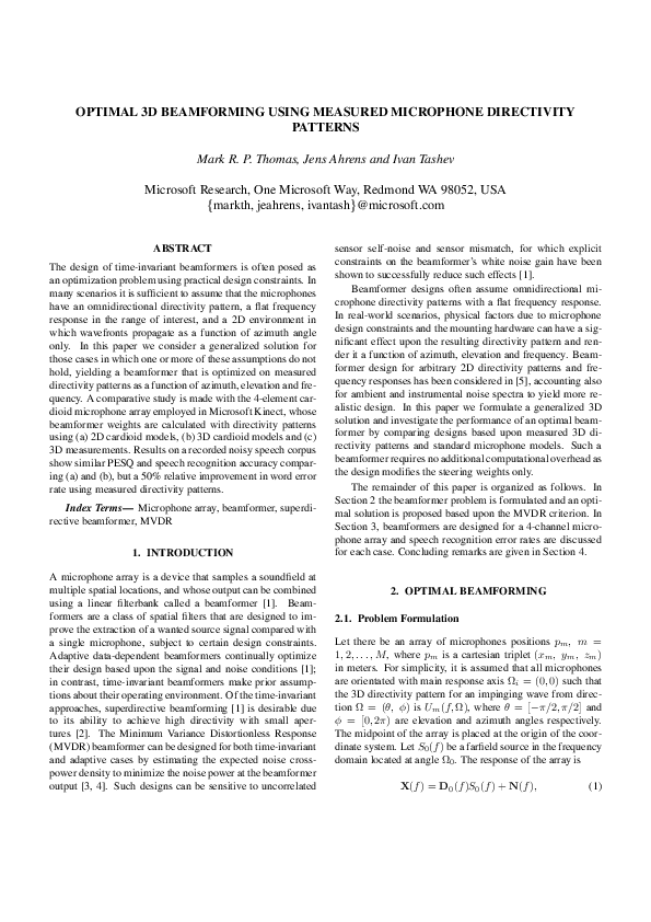 Pdf Optimal 3d Beamforming Using Measured Microphone Directivity Patterns