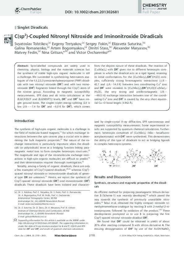 (PDF) C(sp 2 )-Coupled Nitronyl Nitroxide and Iminonitroxide Diradicals