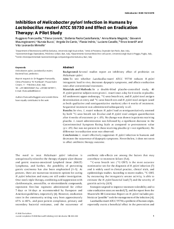 (PDF) Inhibition of Helicobacter pylori Infection in Humans by ...