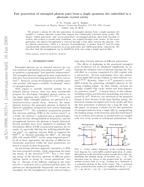 Pdf Fast Generation Of Entangled Photon Pairs From A Single Quantum Dot Embedded In A Photonic