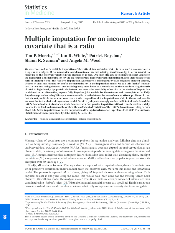 Pdf Multiple Imputation For An Incomplete Covariate That Is A Ratio