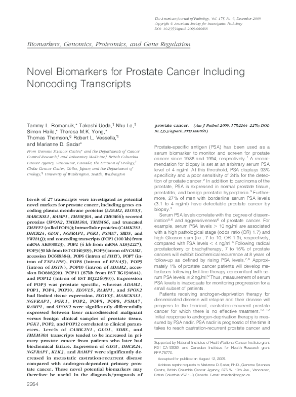 (PDF) Novel Biomarkers for Prostate Cancer Including Noncoding Transcripts