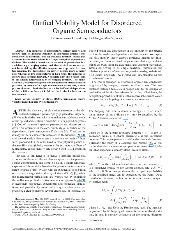 (PDF) Unified Mobility Model for Disordered Organic Semiconductors