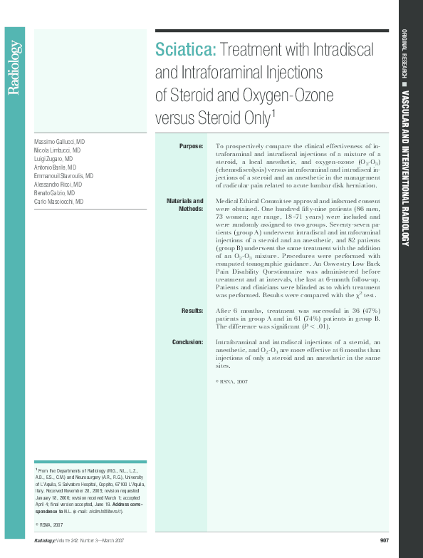 (PDF) Sciatica: Treatment with Intradiscal and Intraforaminal Injections of Steroid and Oxygen ...