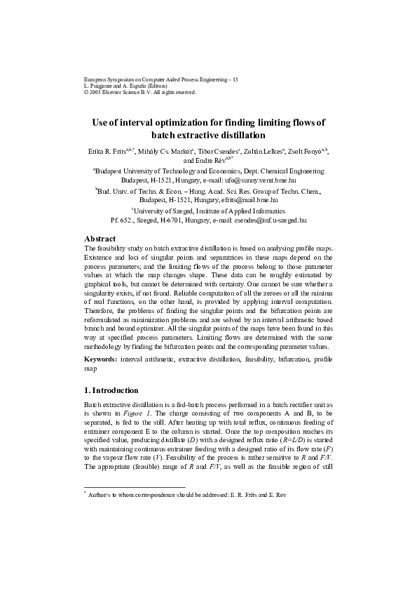 Pdf Use Of Interval Optimization For Finding Limiting Flows Of Batch Extractive Distillation