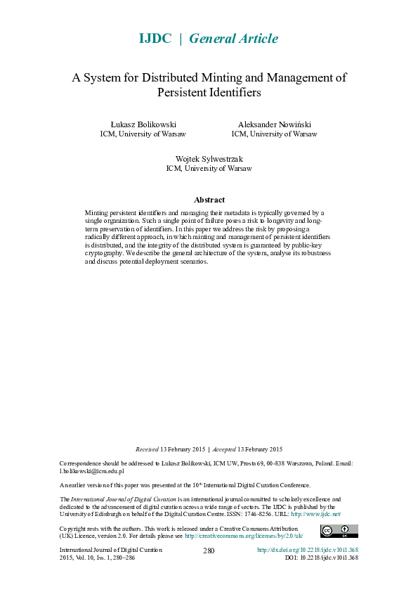 (PDF) A System for Distributed Minting and Management of Persistent Identifiers