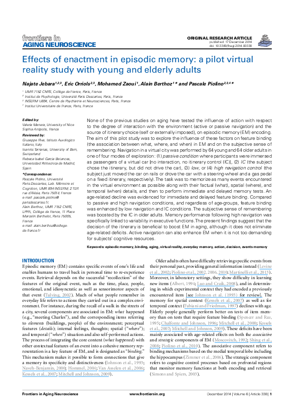 (PDF) Effects of enactment in episodic memory: a pilot virtual reality ...