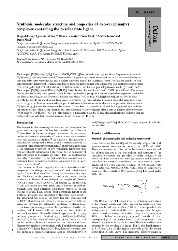 (PDF) Synthesis, molecular structure and properties of oxo-vanadium(iv ...