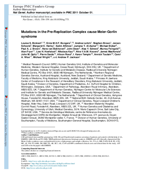(PDF) Mutations in the pre-replication complex cause Meier-Gorlin syndrome