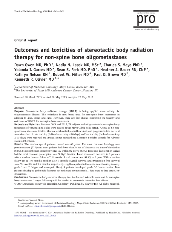 (PDF) Outcomes and Toxicities of Stereotactic Body Radiation Therapy (SBRT) for Nonspine Osseous ...