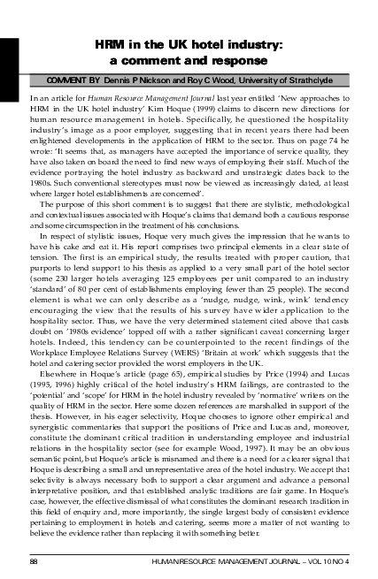 (PDF) HRM in the UK hotel industry: a comment and response