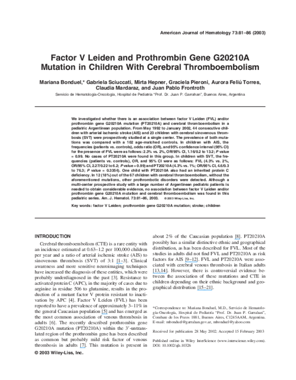 (PDF) Factor V leiden and prothrombin gene G20210A mutation in children ...
