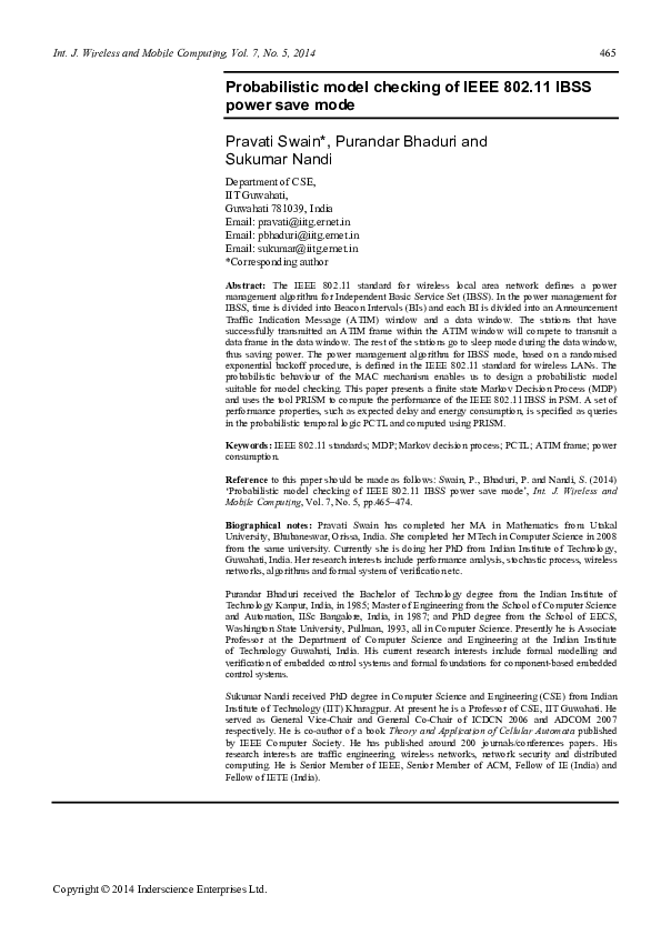 (PDF) Probabilistic model checking of IEEE 802.11 IBSS power save mode