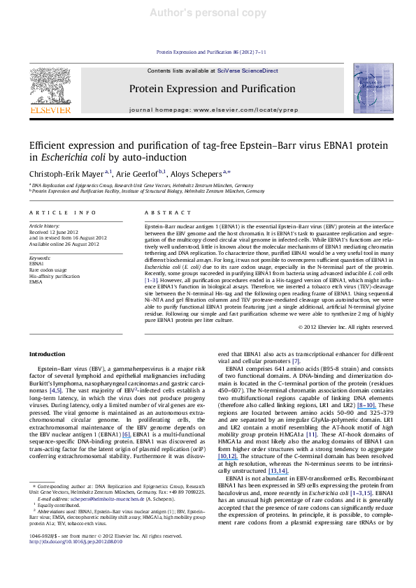 (PDF) Efficient expression and purification of tag-free Epstein–Barr ...