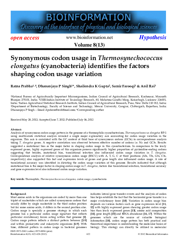 (PDF) Synonymous codon usage in Thermosynechococcus elongatus (cyanobacteria) identifies the ...