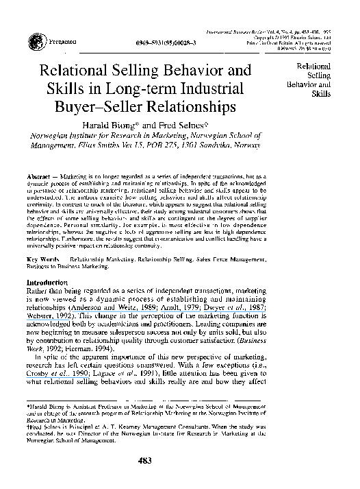 (PDF) Relational selling behavior and skills in long-term industrial ...