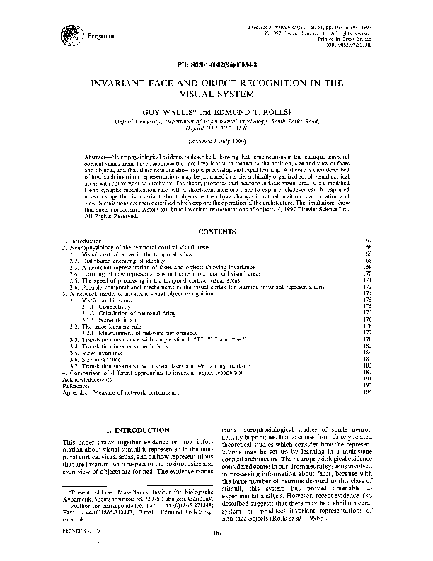 Pdf Invariant Face And Object Recognition In The Visual System