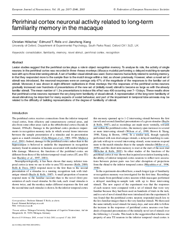 (PDF) Perirhinal cortex neuronal activity related to long-term familiarity memory in the macaque