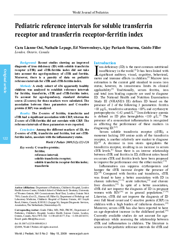 (PDF) Pediatric reference intervals for soluble transferrin receptor ...
