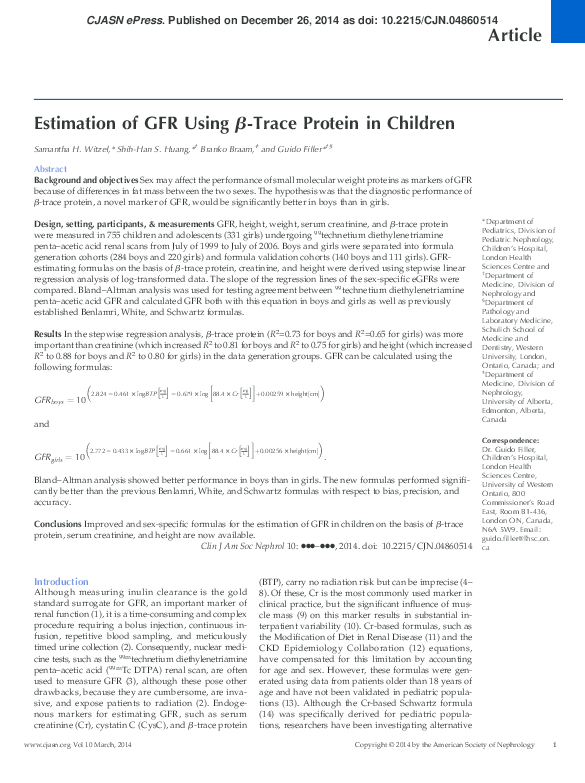 (PDF) Estimation of GFR Using β-Trace Protein in Children