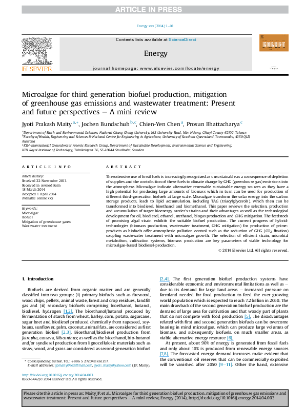 (PDF) Microalgae for third generation biofuel production, mitigation of greenhouse gas emissions ...