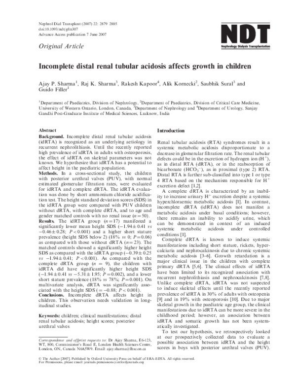 (PDF) Incomplete distal renal tubular acidosis affects growth in children