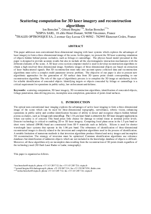 (PDF) Scattering computation for 3D laser imagery and reconstruction algorithms