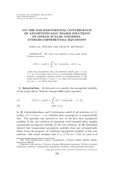 (PDF) On the Non-Exponential Convergence of Asymptotically Stable Solutions of Linear Scalar ...