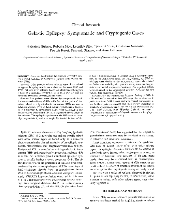 (PDF) Gelastic Epilepsy: Symptomatic and Cryptogenic Cases
